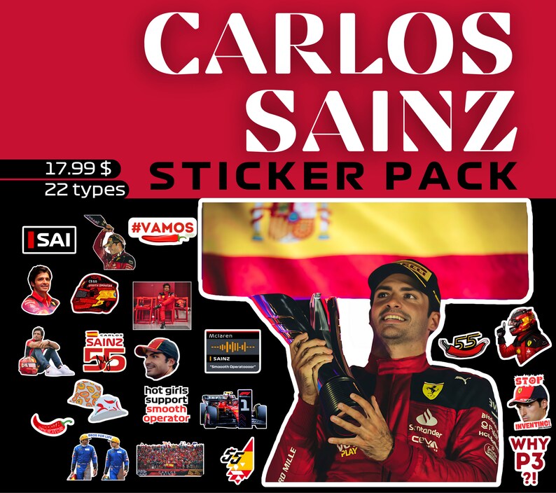 Smiling Sainz X10 Carlos Sainz Pack 22 Types Durable And Reusable F1 Sticker Set Free Worldwide