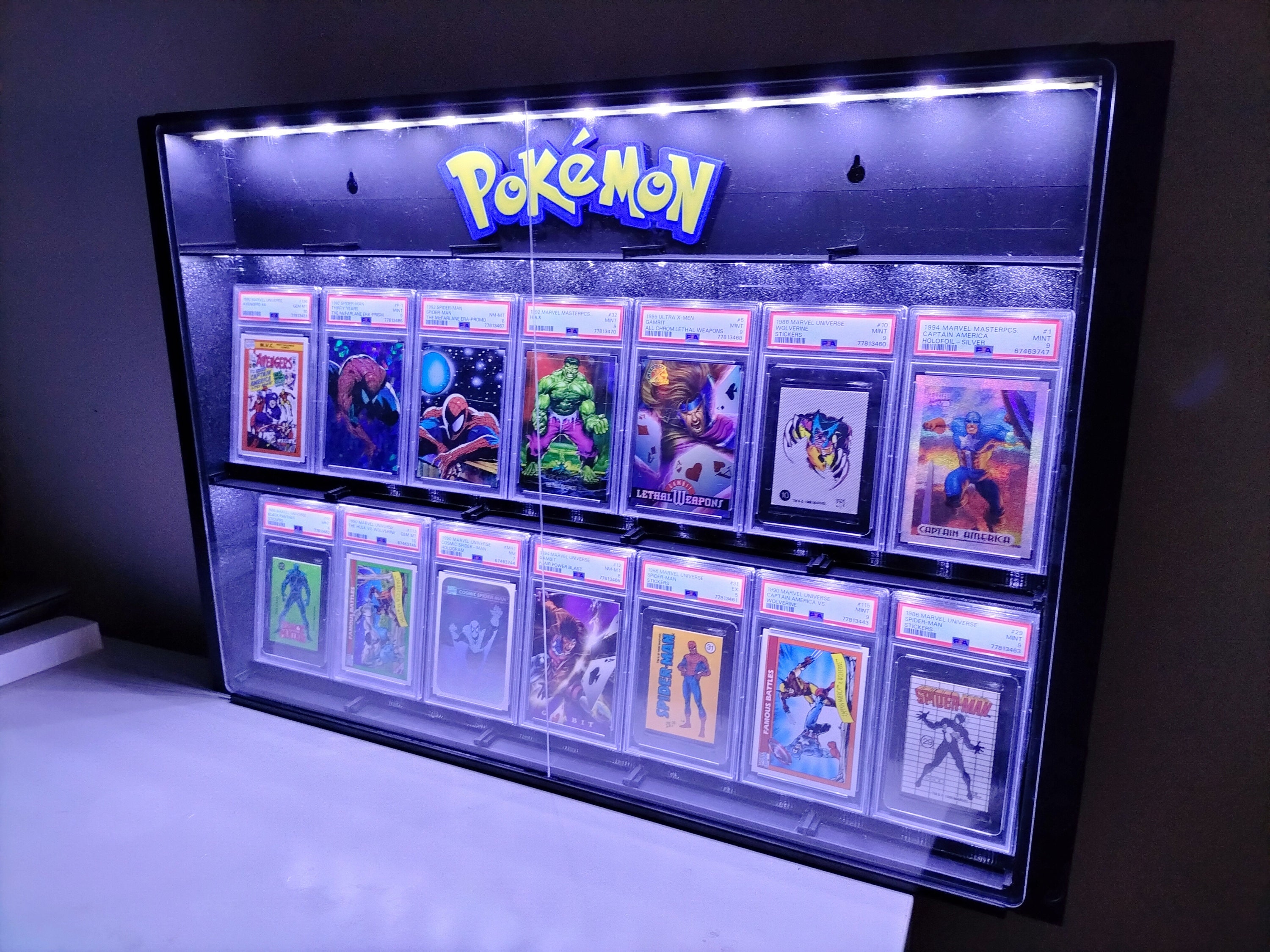 Custom Graded Card Display Case LED Lights Wall Cabinet Holds 14 Slabs ...