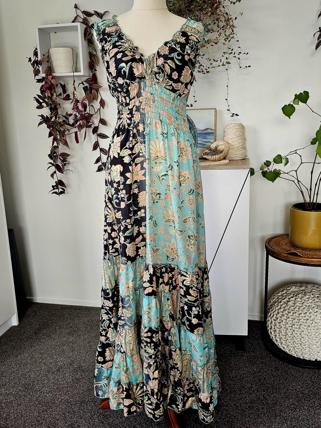 Sari Silk Maxi Dress, Teal Pink Paisley Print, Bohemian Goddess Gown, S ...