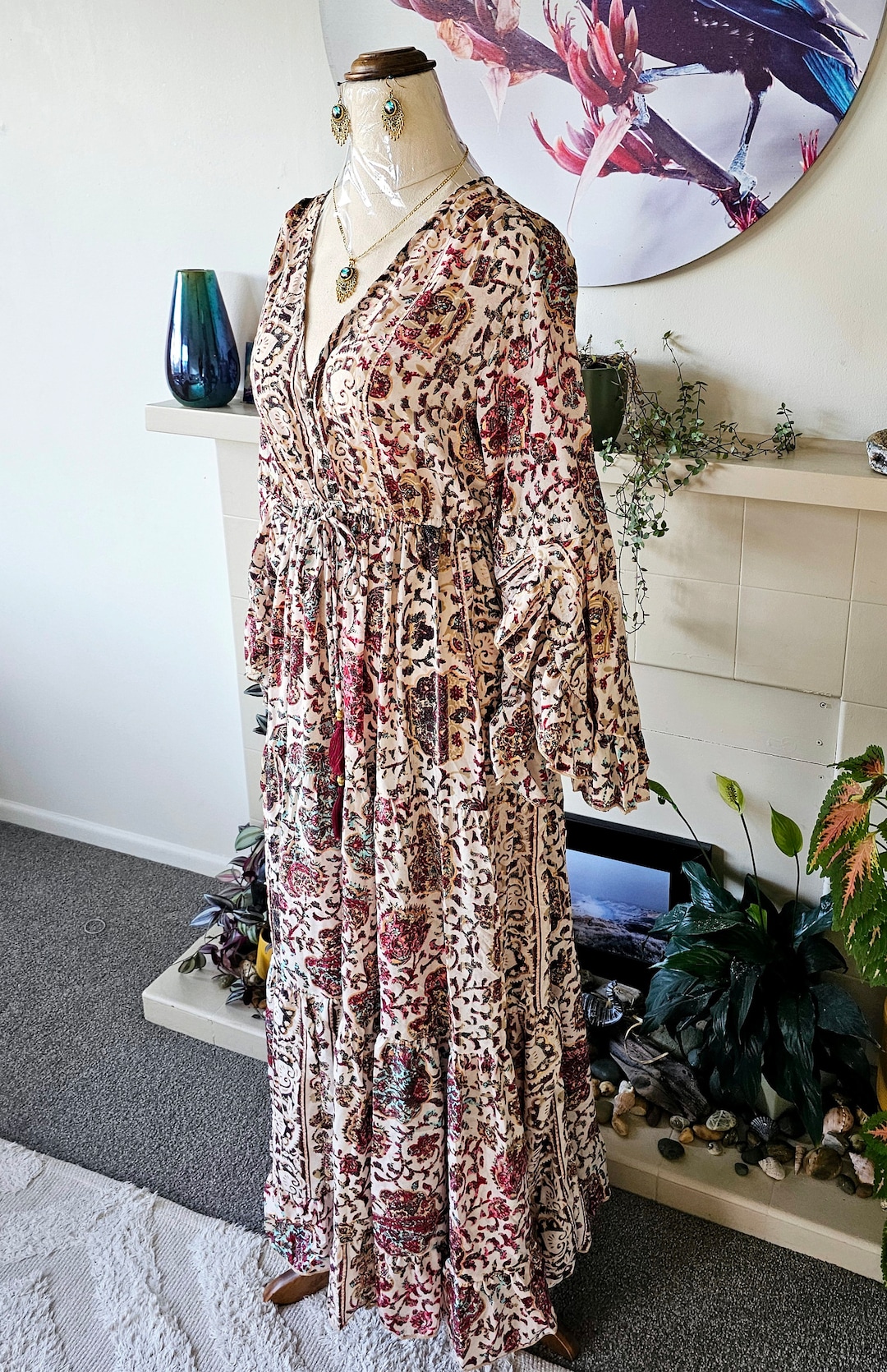 3/4 Flared Sleeve Golden Red Bohemian Sari Silk Maxi Dress Adjustable ...