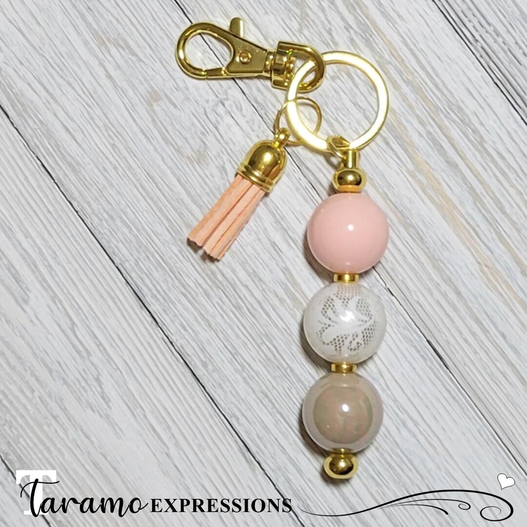 Peach and Lace Keychain, Acrylic Bead Keychain, Keychain, Bubblegum ...