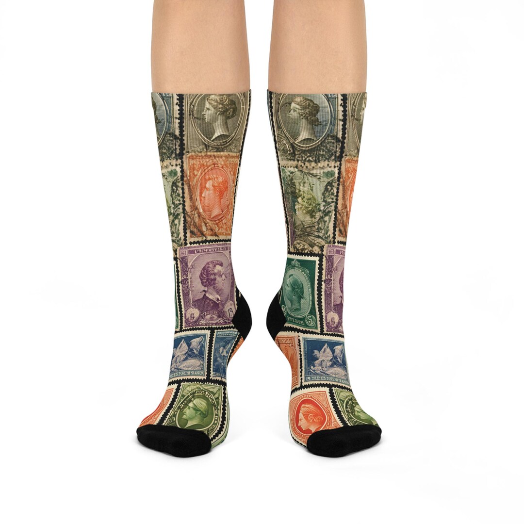 Vintage Postage Stamp Crew Socks, Unique Gift for Collectors, Cozy ...