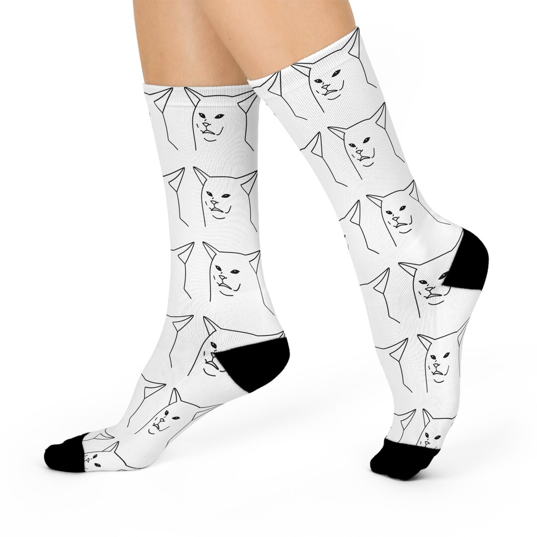 Meme Cute Cat Pattern Cushioned Crew Socks, Fun Animal Socks, Gift for ...