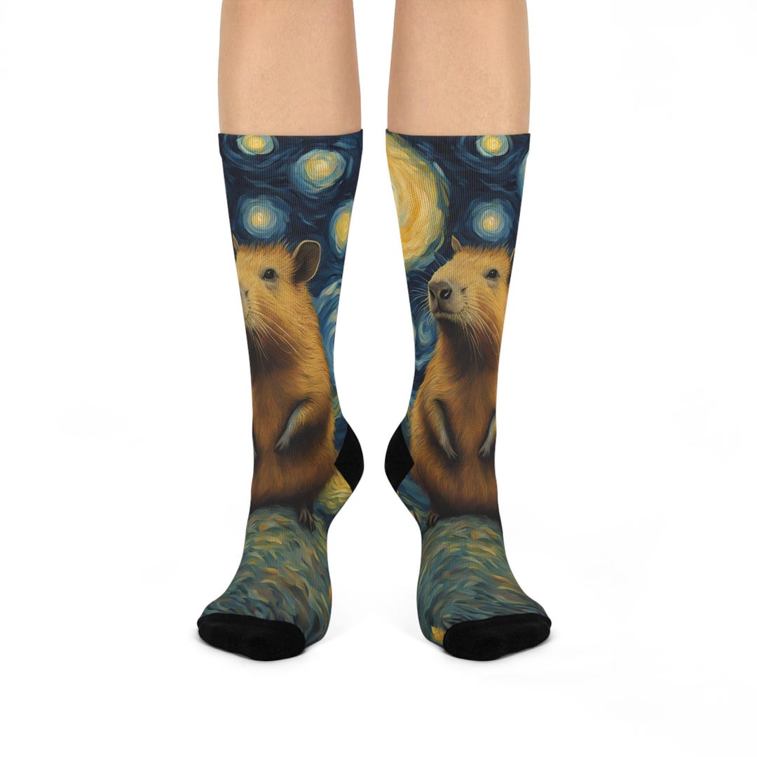 Starry Night Capybara Whimsical Animal Art Crew Socks - Cozy Gift for ...