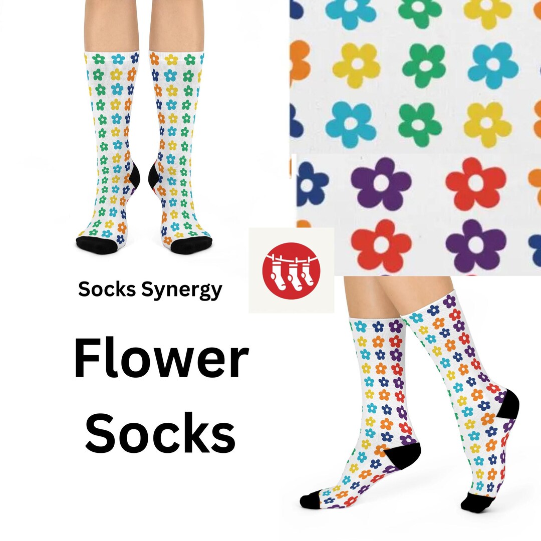 Colorful Flower Cushioned Crew Socks, Fun Floral Pattern, Gift for ...