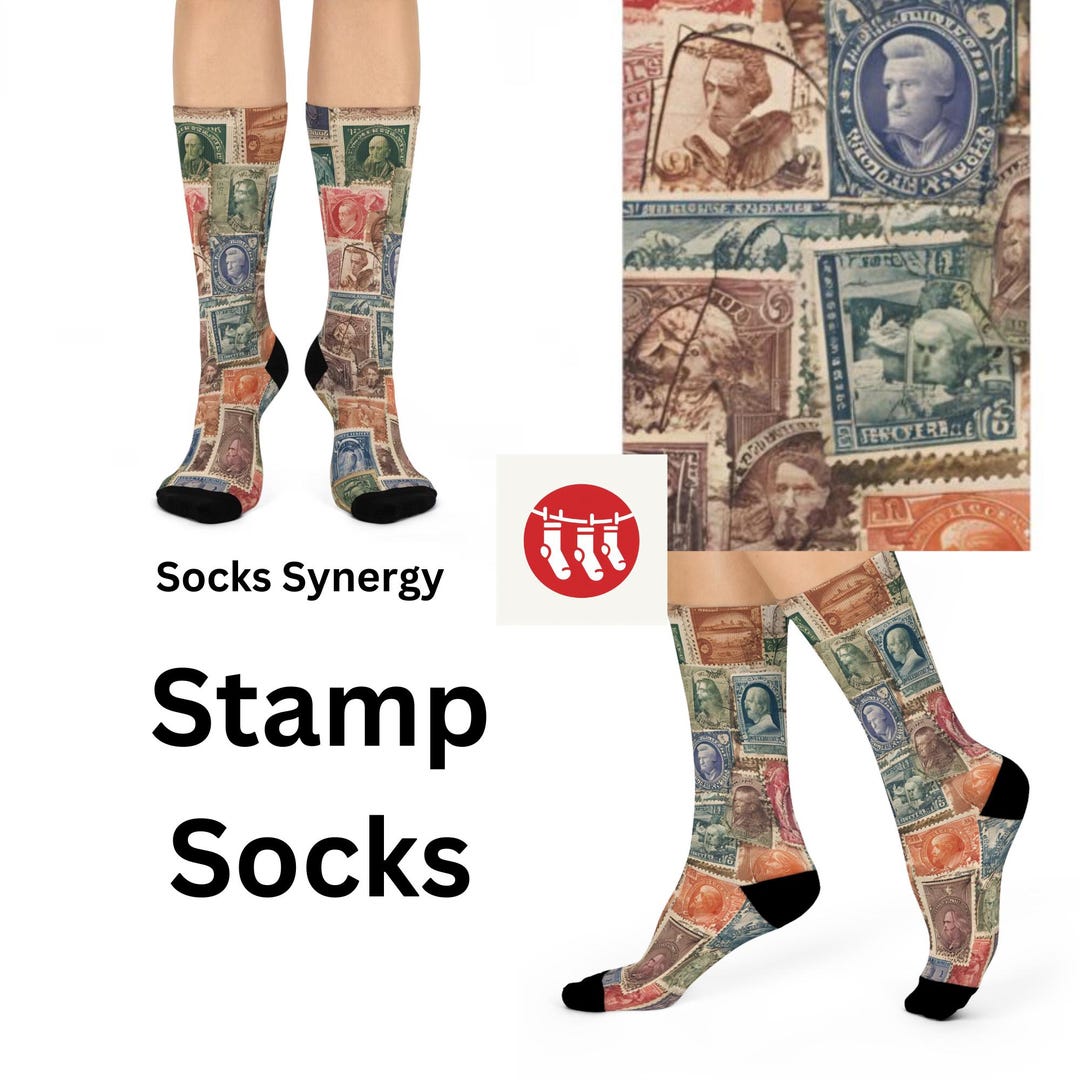 Vintage Stamp Design Cushioned Crew Socks, Perfect Gift for Collectors ...