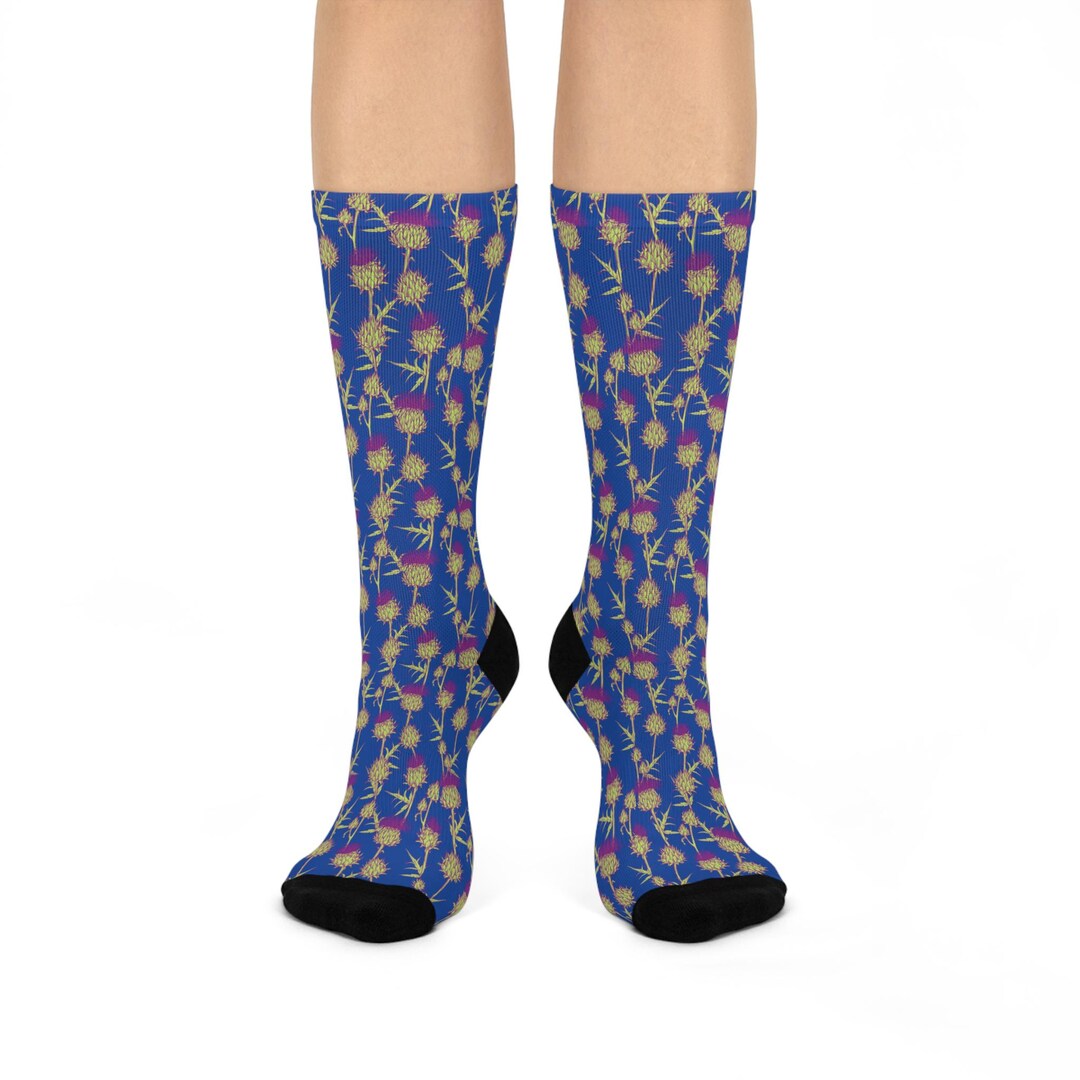 Scottish Thistle Floral Pattern Cushioned Crew Socks, Comfortable Dress ...