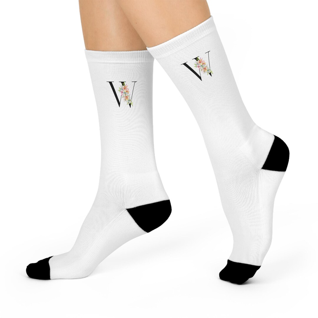 W Personalized Floral Initial Cushioned Crew Socks - Custom Gift for ...