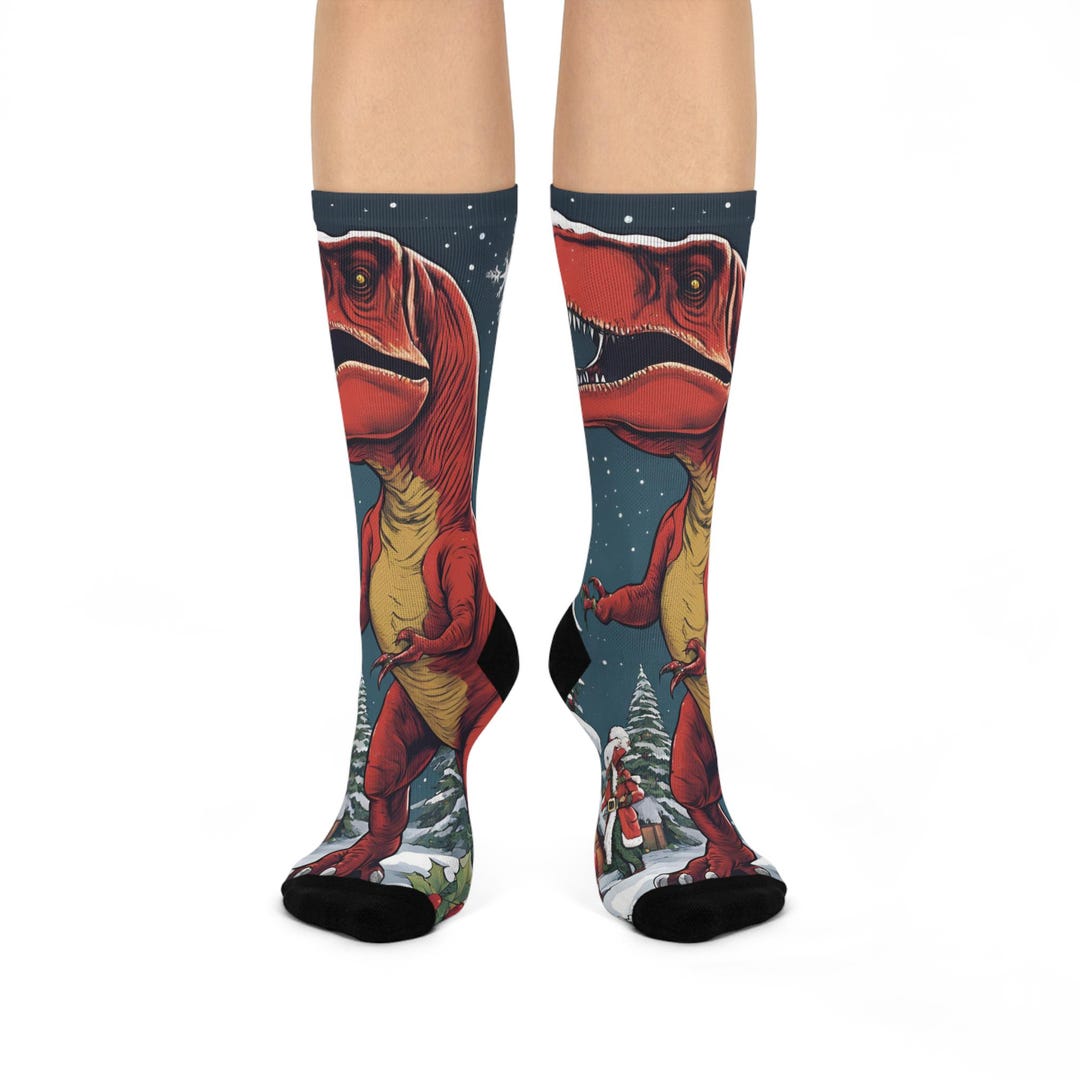 Trex Holiday Socks Playful Dinosaur Crew Socks, Fun Holiday Socks, T ...