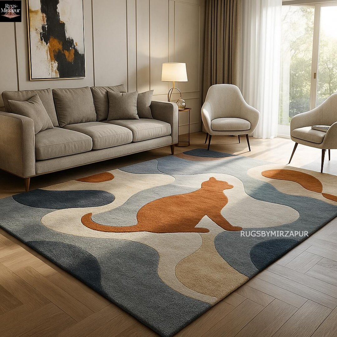 Modern Cat Silhouette Rug | Abstract Hand Tufted Wool Area Rug | 8x10 ...