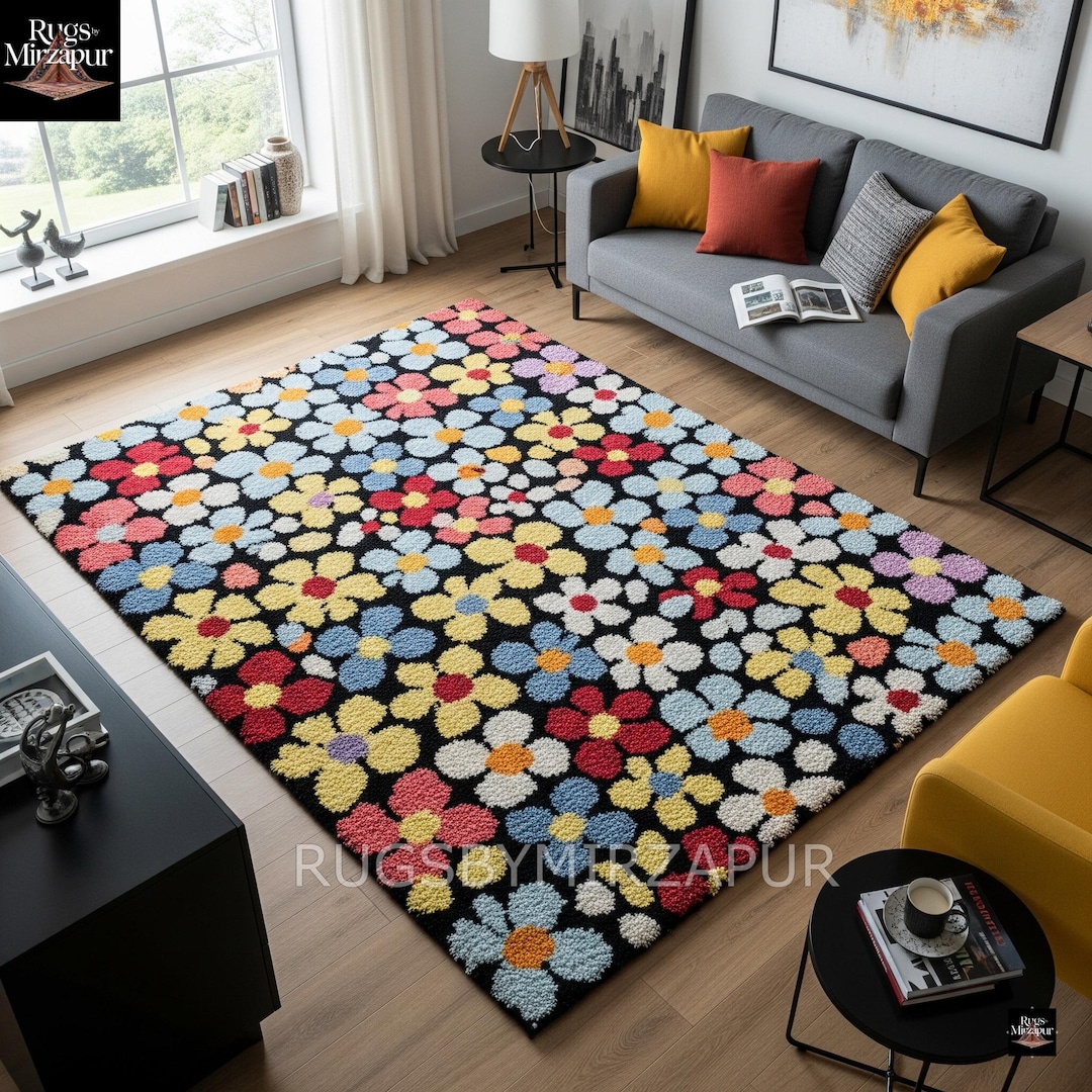 Hand-tufted Floral Rug, Colorful Abstract Flower Pattern, Bohemian ...
