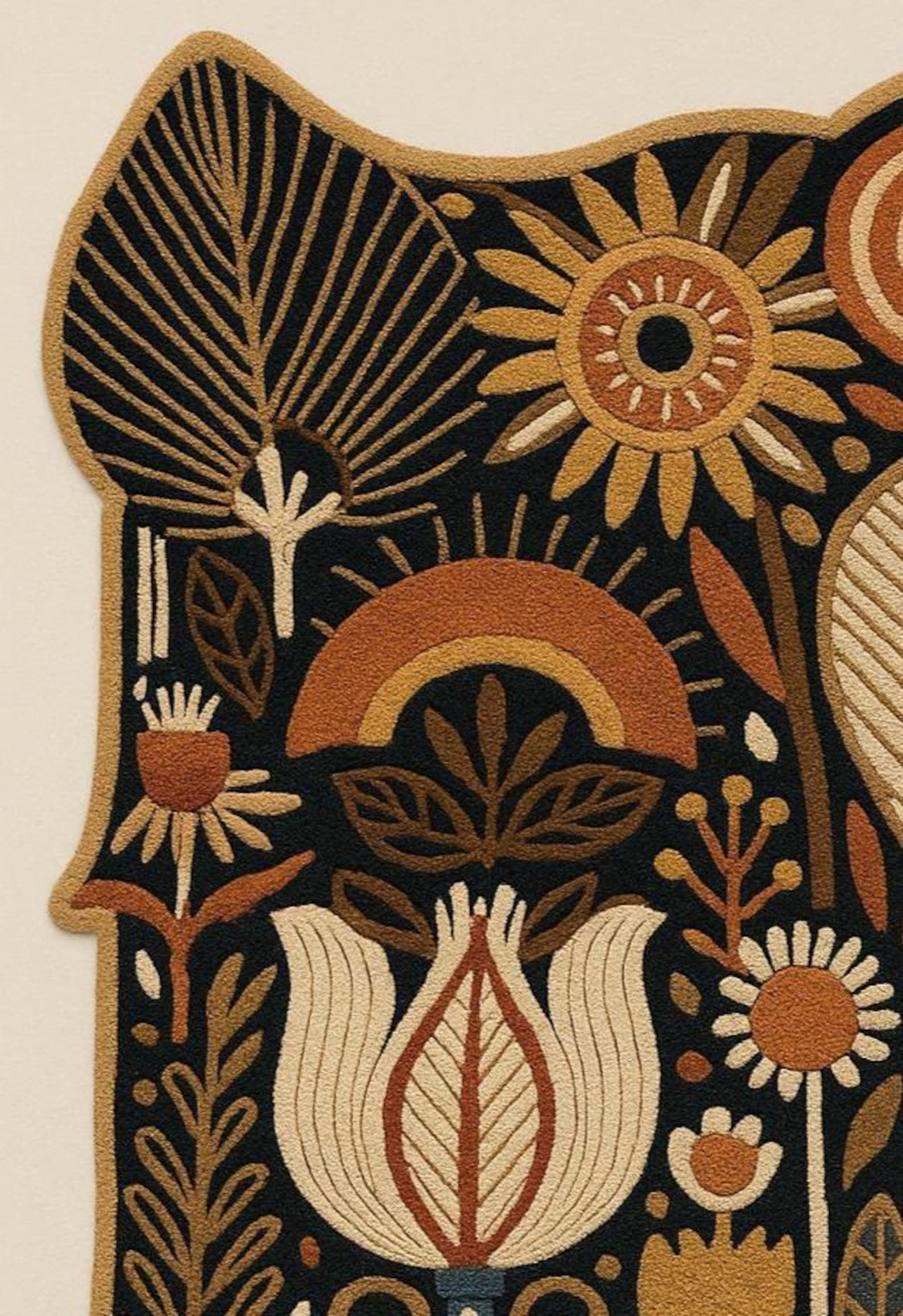 Modern Terracotta Black Folk Botanical Textile Hand Tufted Wool Art for ...