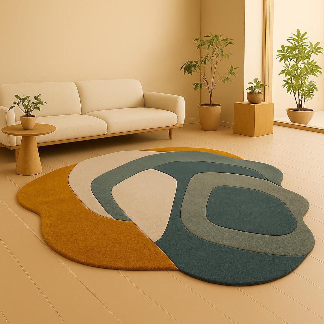 Modern Abstract Amoeba Rug – Multicolor Layer Organic Design Mustard ...