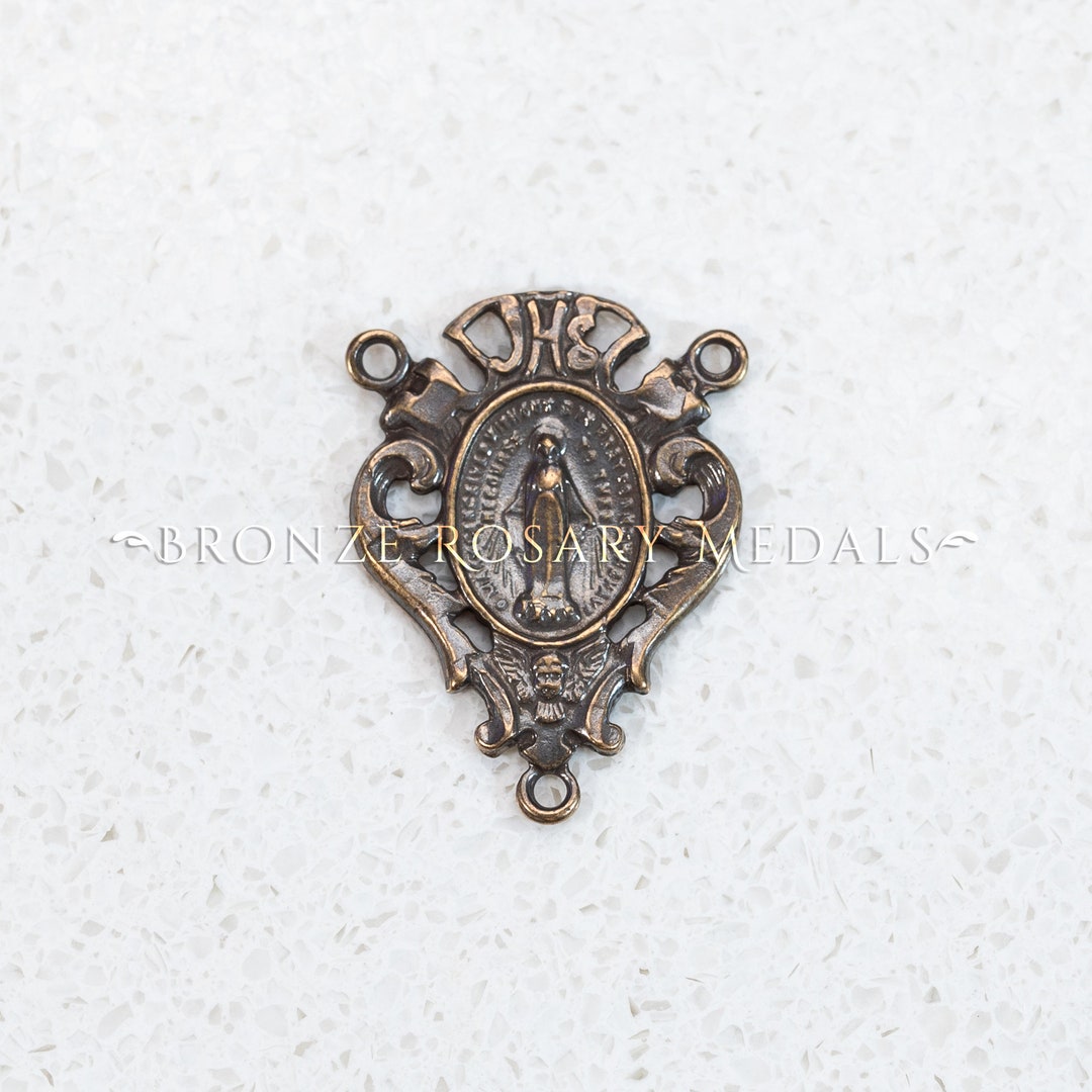 Elegant Miraculous Medal Bronze Rosary Center With Angel & Intricate ...