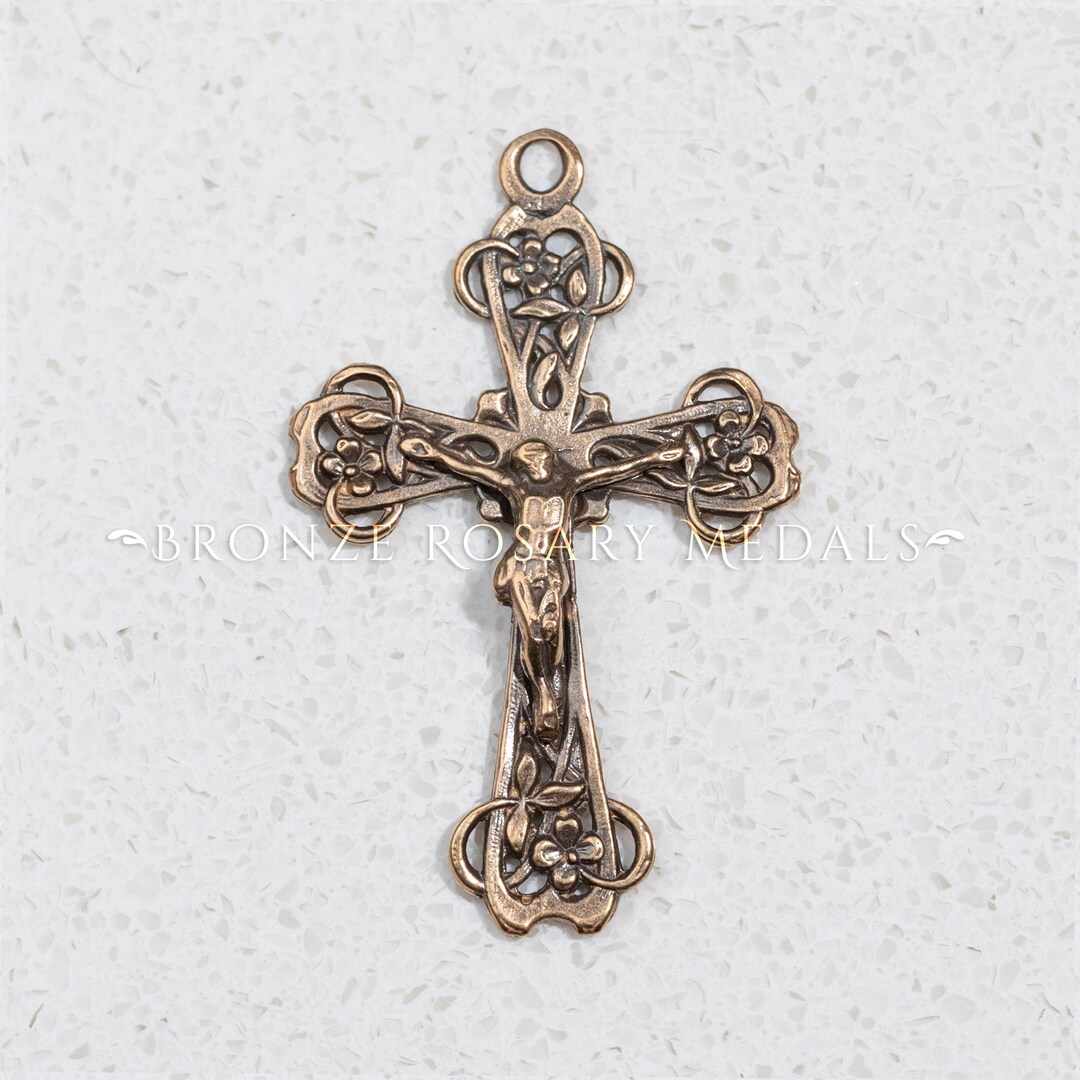 Four Pretty Flowers Heirloom Bronze Rosary Crucifix, Antique Replica ...