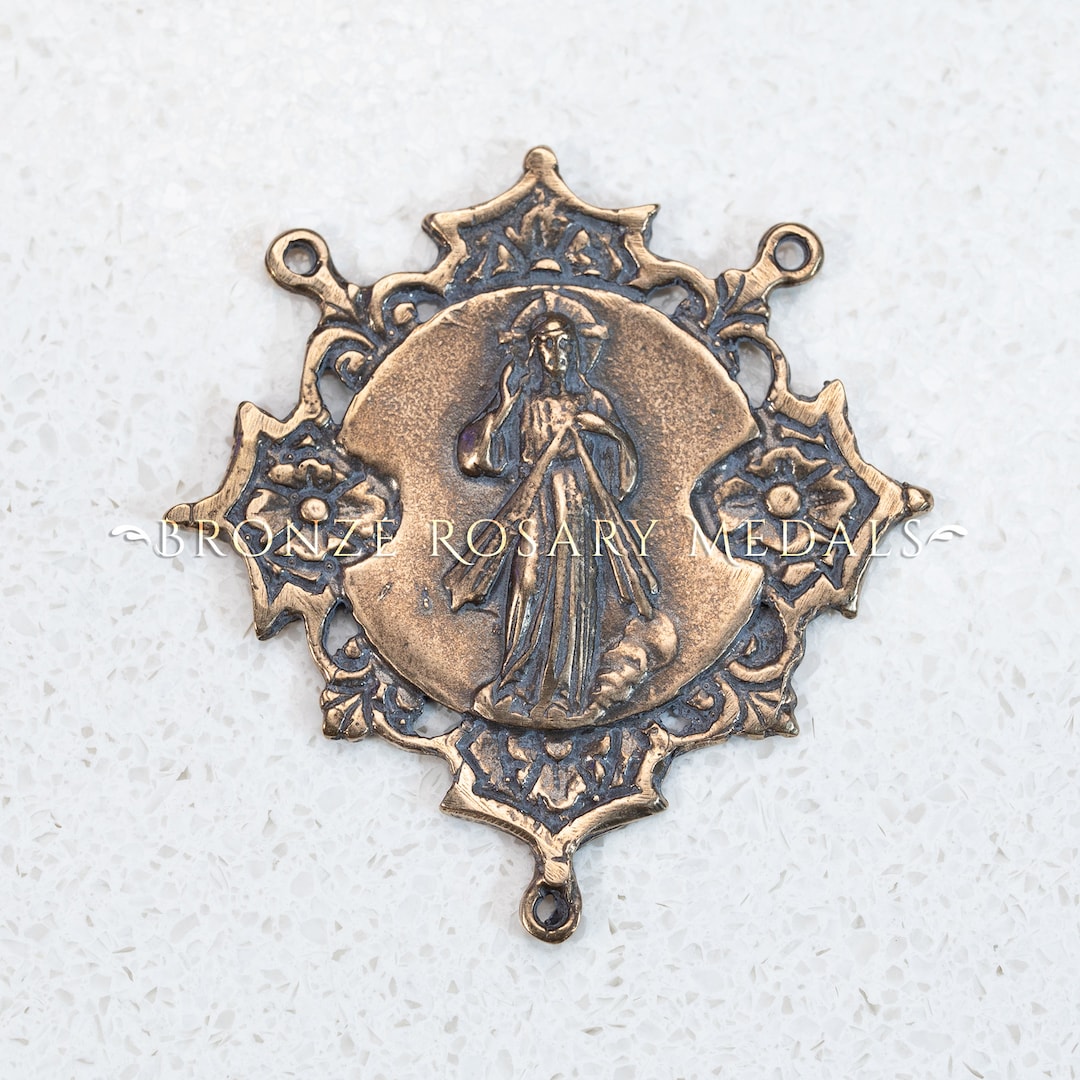 Beautiful Round Divine Mercy Bronze Rosary Center With Image of Christ ...