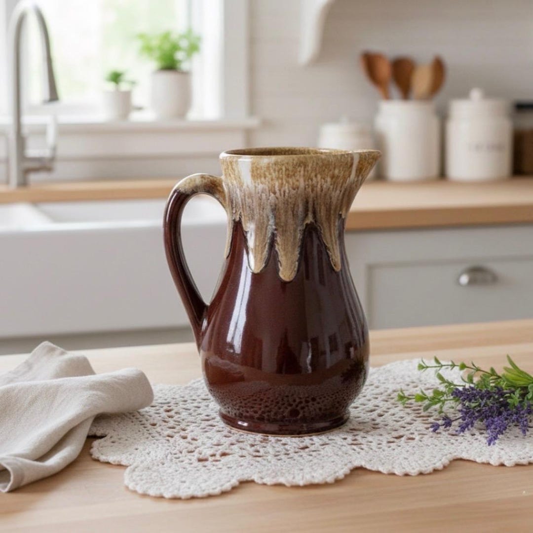 Vintage USA Pottery Pitcher : Drip Glaze | Rustic Brown & Cream - Etsy