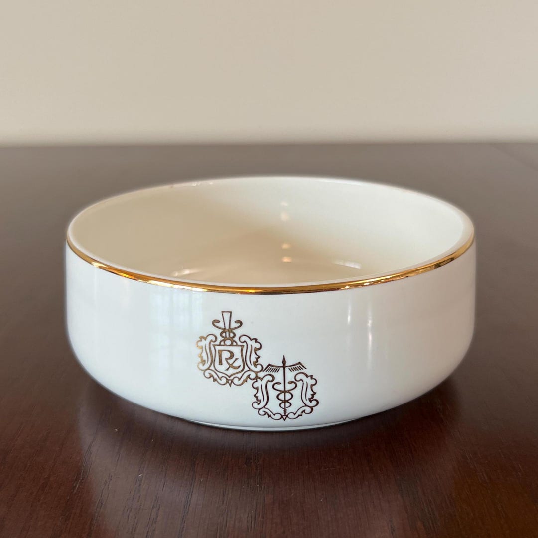 Vintage Pharmacy Rx Bowl Gold Rim Caduceus Emblem Mid-century Medical ...