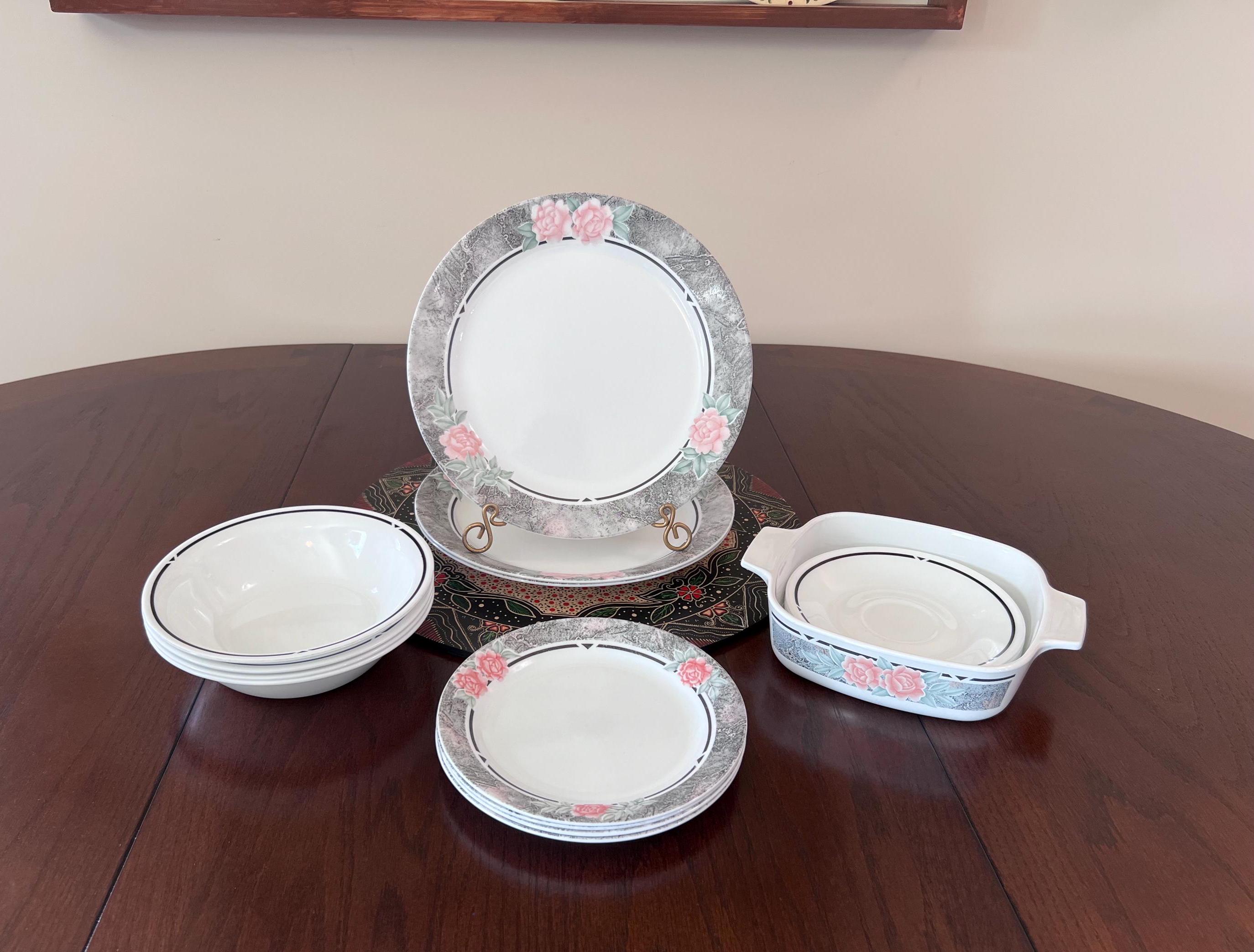 Corelle by Corning Silk and Roses Gray Band W/ Pink Roses Vintage ...