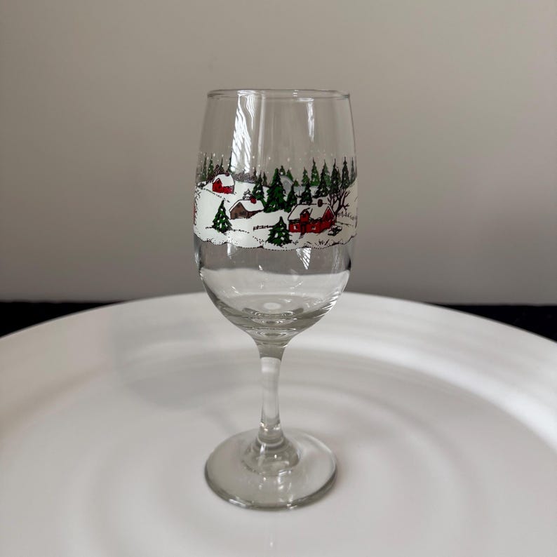 Vintage Libbey Winter Village Wine Glass Stemmed Goblet Red Farmhouse ...