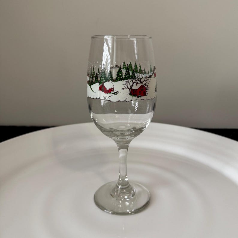 Vintage Libbey Winter Village Wine Glass Stemmed Goblet Red Farmhouse ...