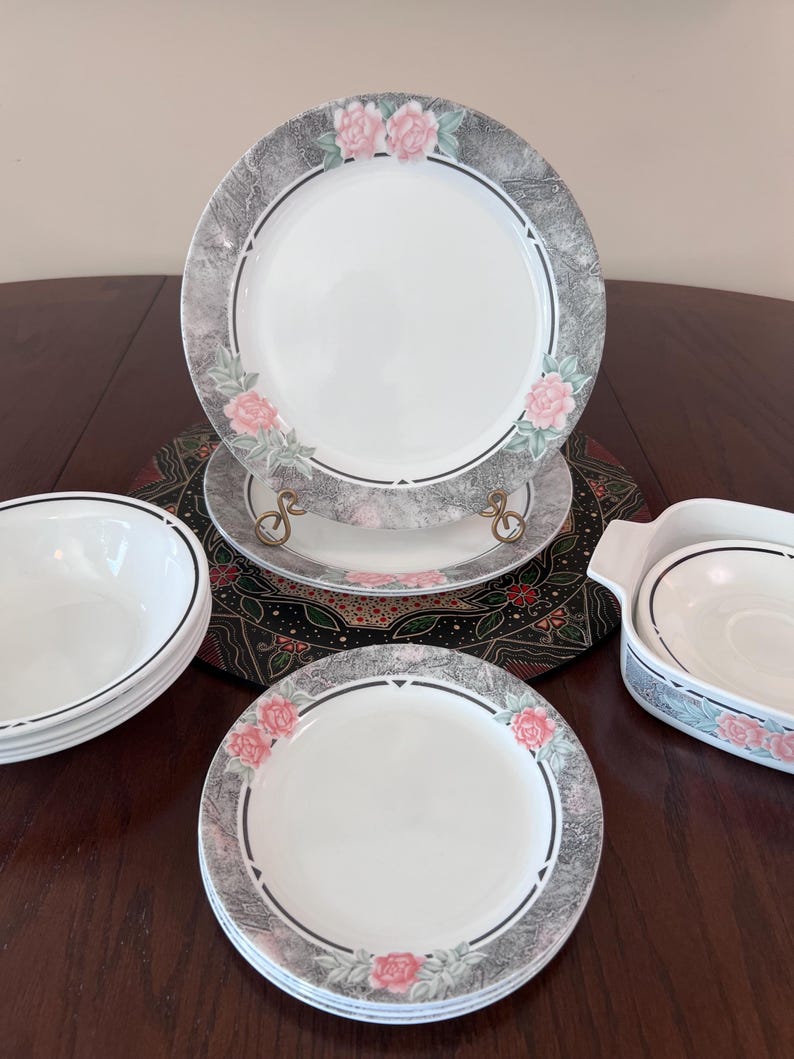 Corelle by Corning Silk and Roses Gray Band W/ Pink Roses Vintage ...