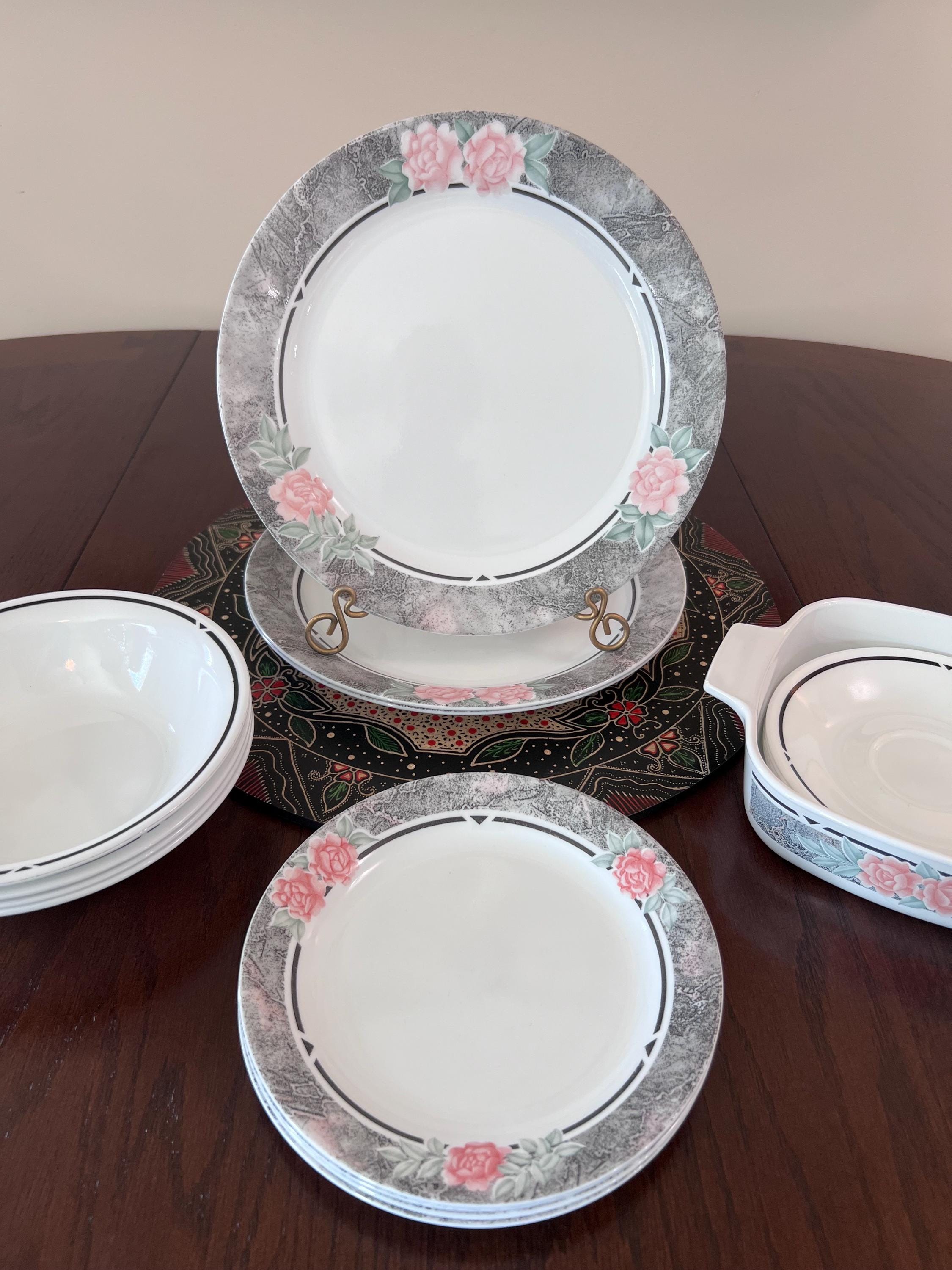 Corelle by Corning Silk and Roses Gray Band W/ Pink Roses Vintage ...