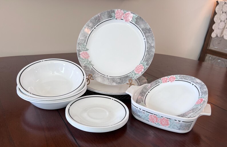 Corelle by Corning Silk and Roses Gray Band W/ Pink Roses Vintage ...