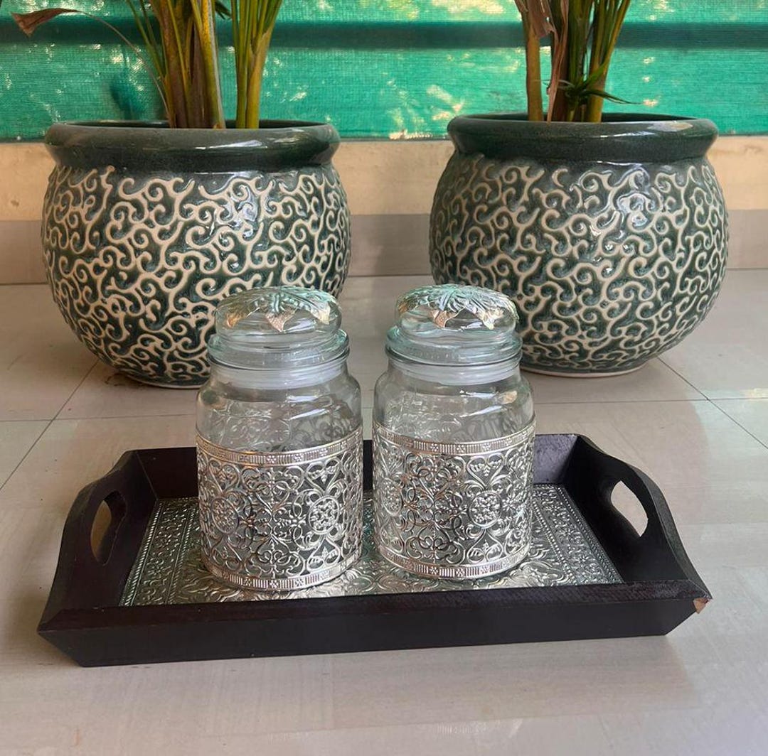 German Silver Set of 2 Snack Glass Jars With Tray, Gift for Wedding ...