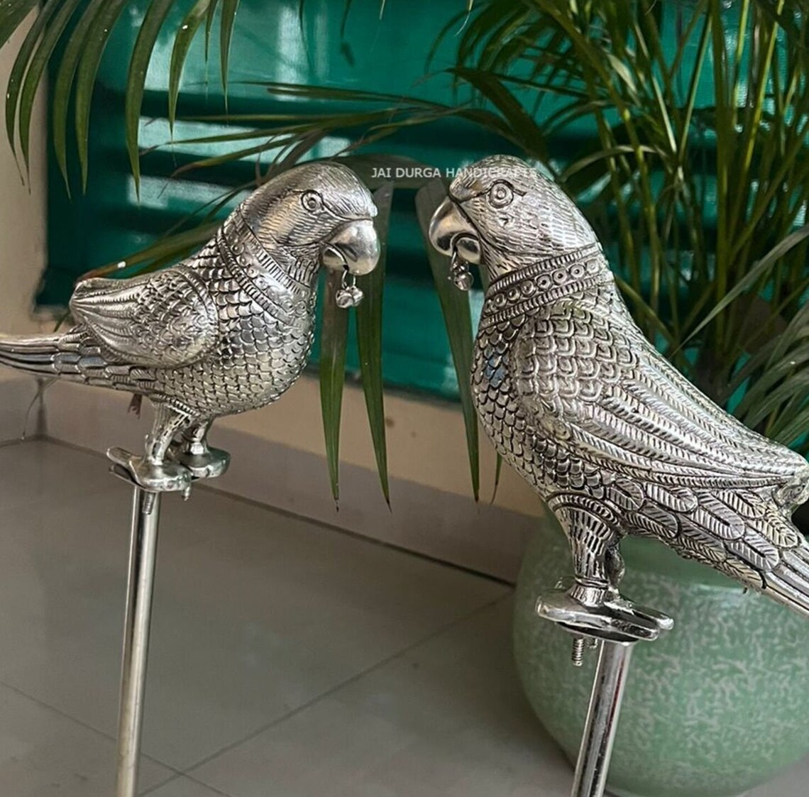 German Silver Parrots Resting on Stand, Parrot Statue, Antique ...
