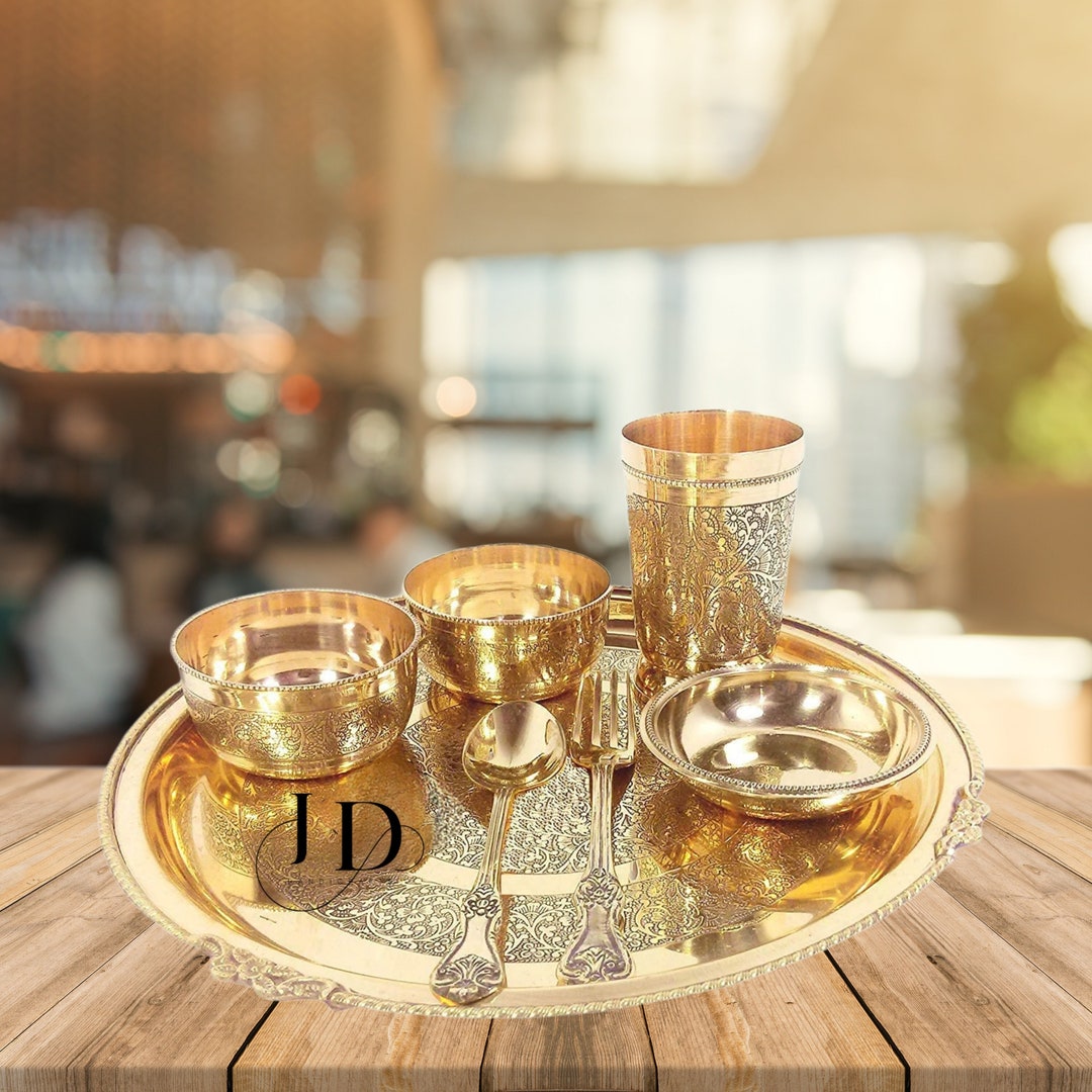 Brass Thali Set Brass Premium Dinner Set Luxury Spoon Glass Bowls ...