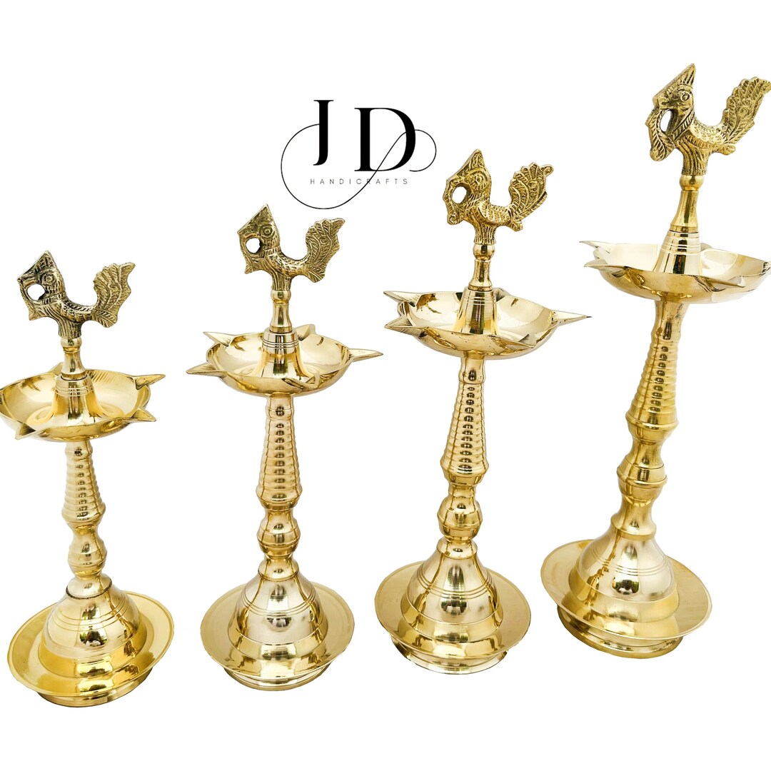 Brass Kerala Diya Golden Finish With Bird Stand | Brass Tall Diyas ...