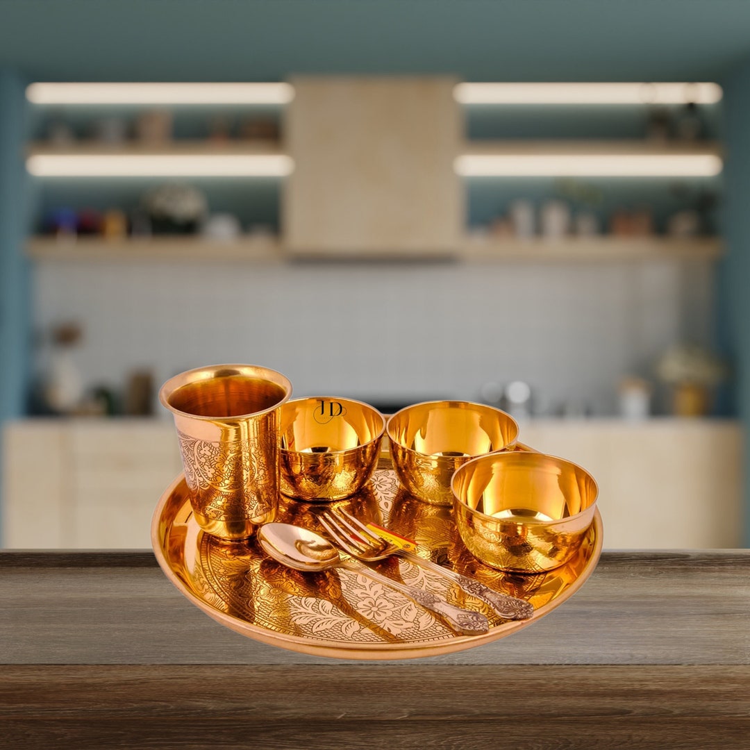Pure Brass Thali Set | Brass Dinnerware Set | Dinner Set | Engraved ...