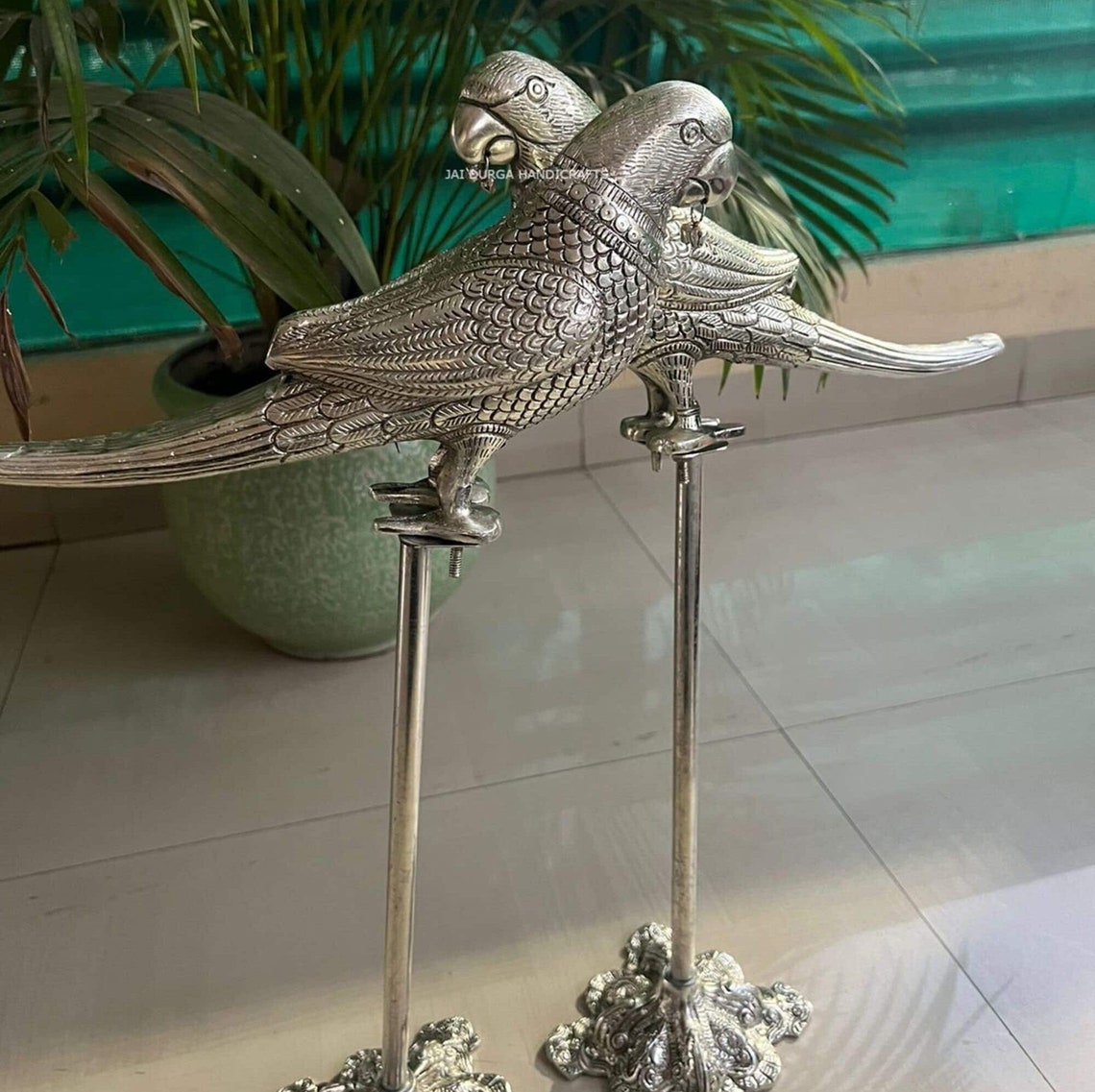 German Silver Parrots Resting on Stand, Parrot Statue, Antique ...