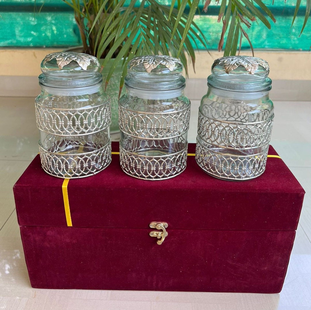 German Silver Set of 3 Snack Glass Jars, Gift for Wedding Anniversary ...