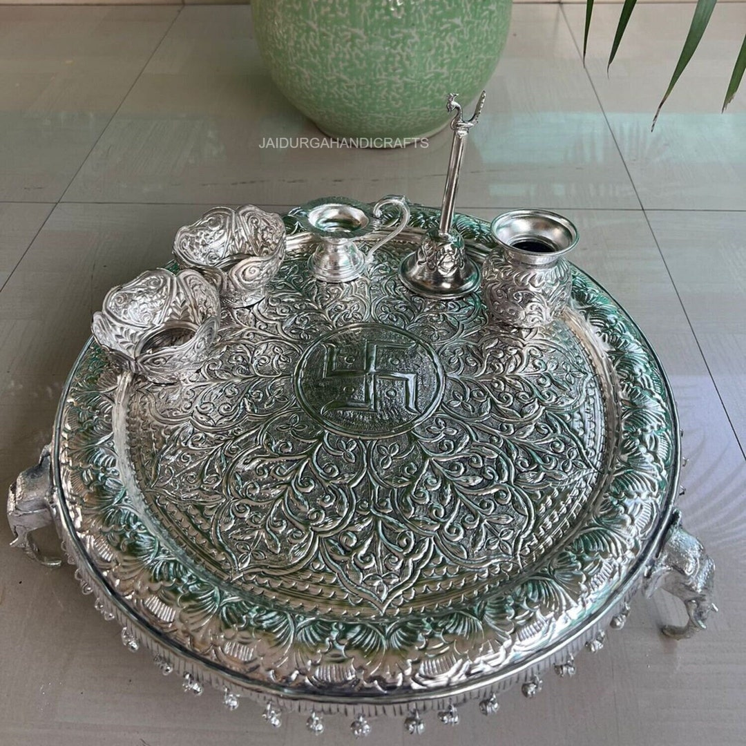 German Silver Elephant Pooja Thali Set, Oxidized Engraved Silver Pooja ...