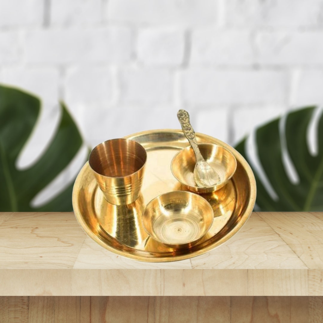 5 Pcs Set of Bhog Small Thali Pure Brass Thali Brass Thali Spoon 2 ...