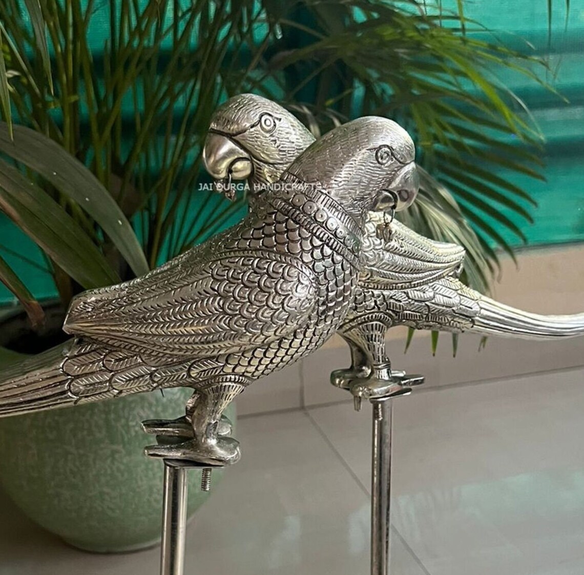 German Silver Parrots Resting on Stand, Parrot Statue, Antique ...