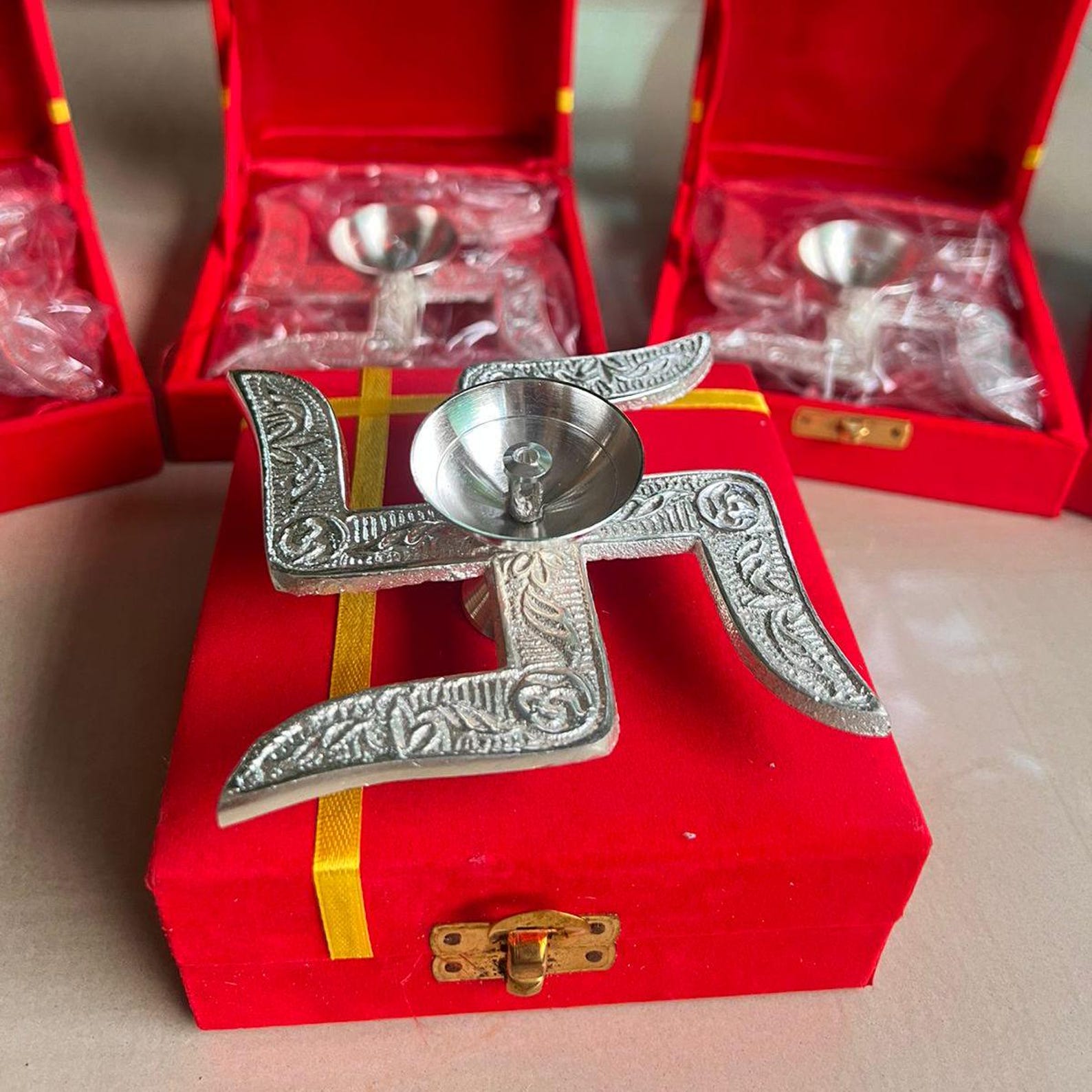 Lot of 100 German Silver & Golden Swastik Deepam in Gift Box, Pure ...
