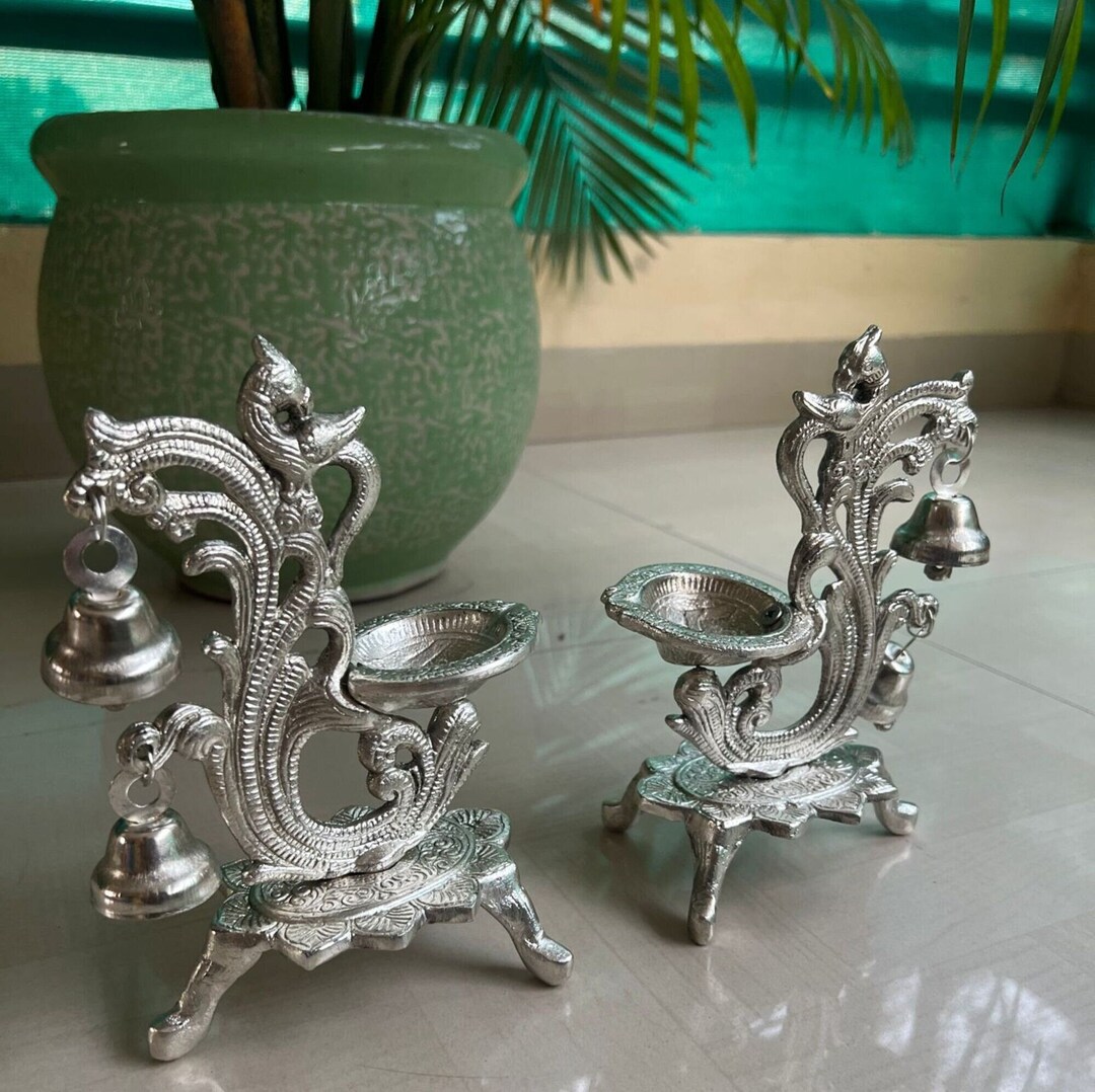 German Silver Deepam With Bells, Kerala Lamp, Diwali Oil Lamp, Lamp ...