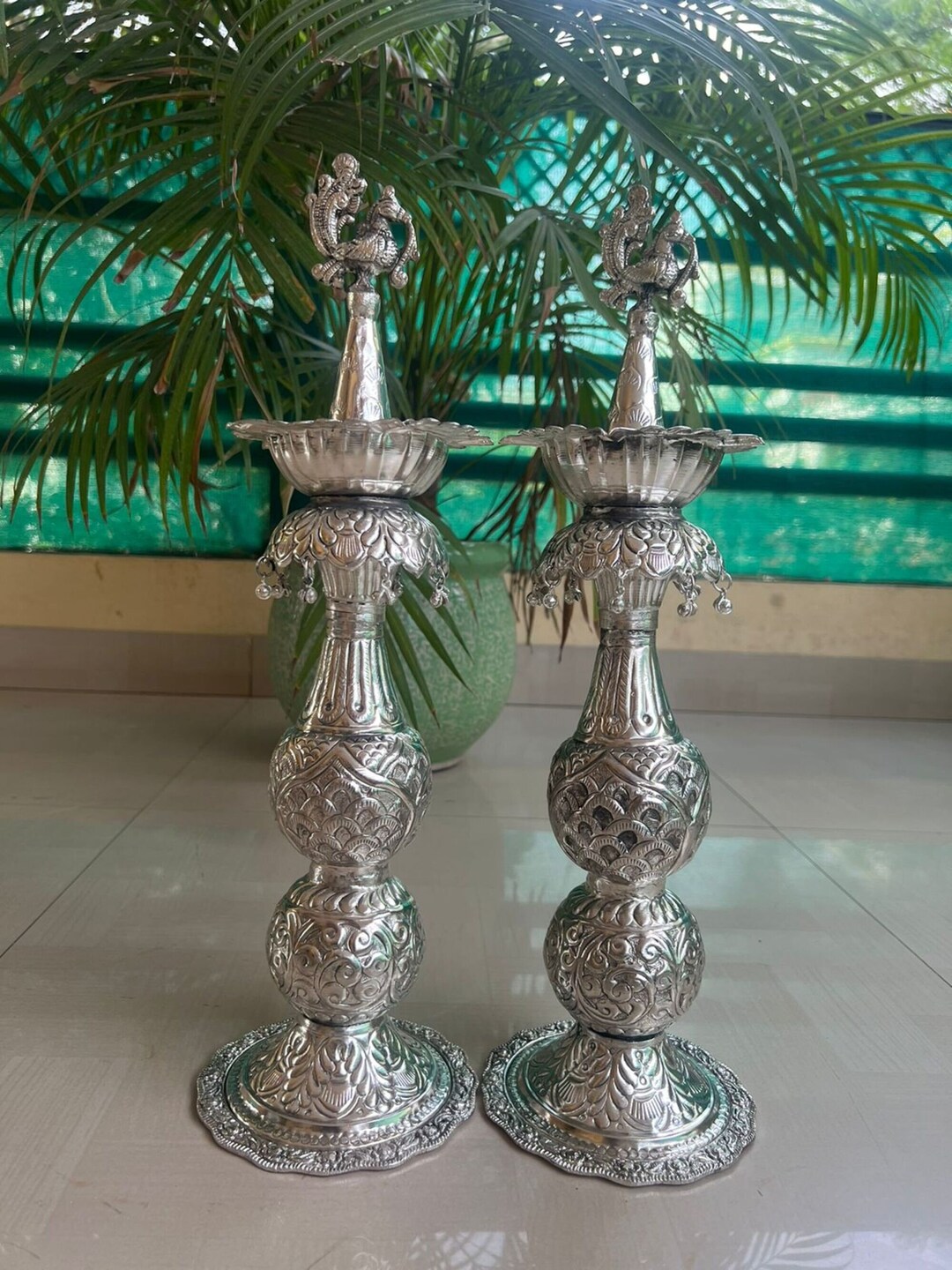 German Silver Hand Engraved Peacock Samai Diya, Set of 2 Peacock ...