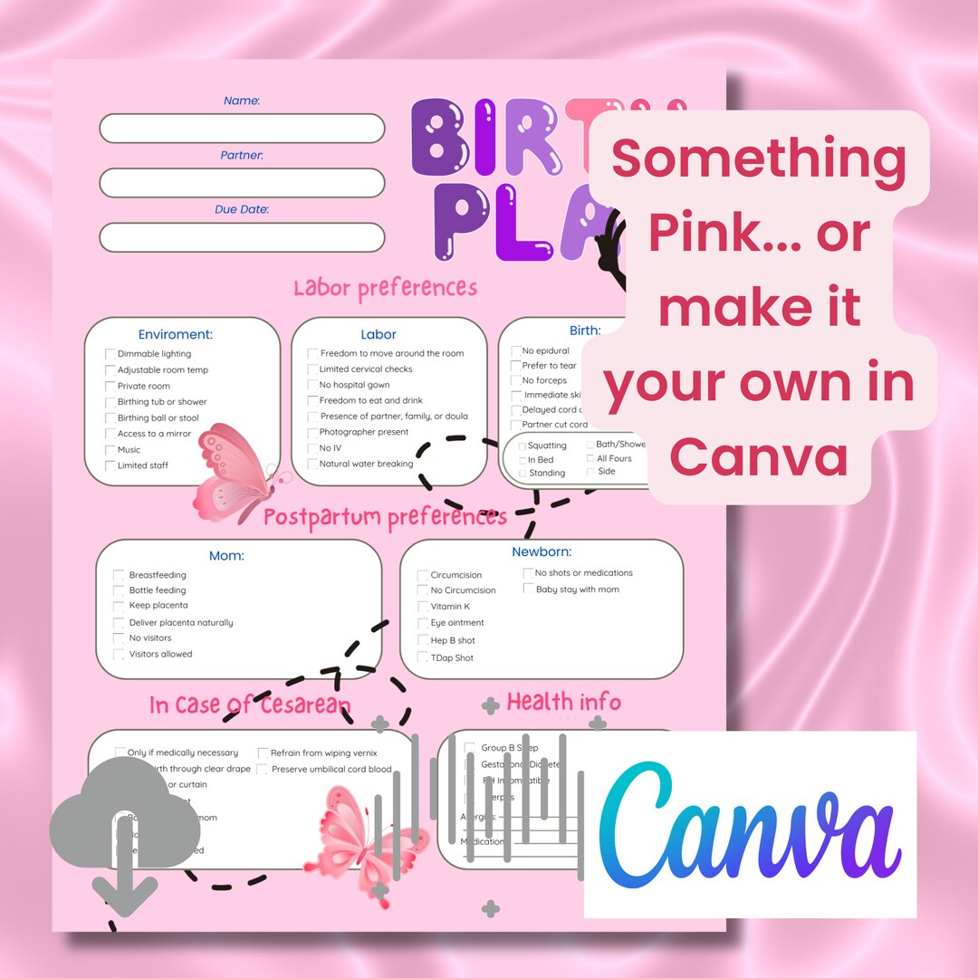 Pink Birth Plan Template, Pregnancy Planner, Labor and Delivery ...