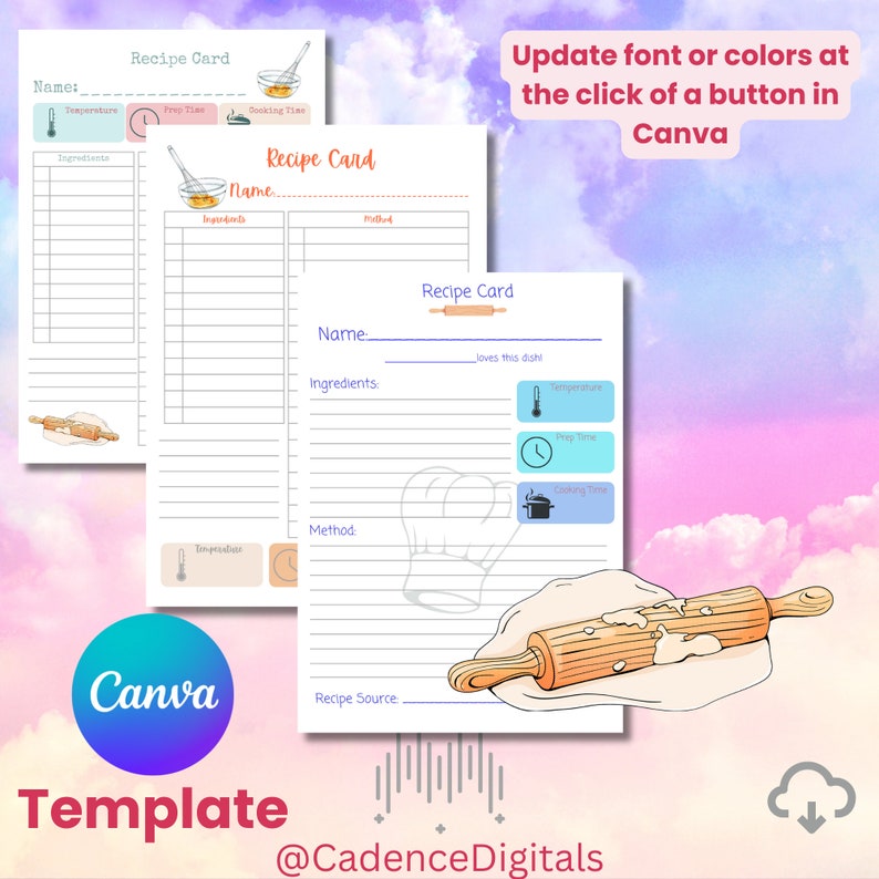 Recipe Card Template, Canva, 5 Designs, Letter & A4, Ready to Use ...