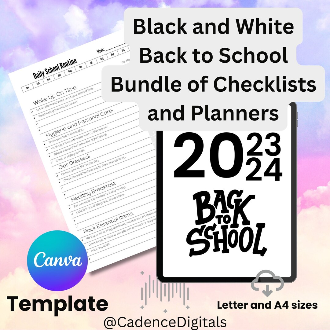 School B&W Bundle: Study Planner, Backpack Checklist, Daily Routine ...