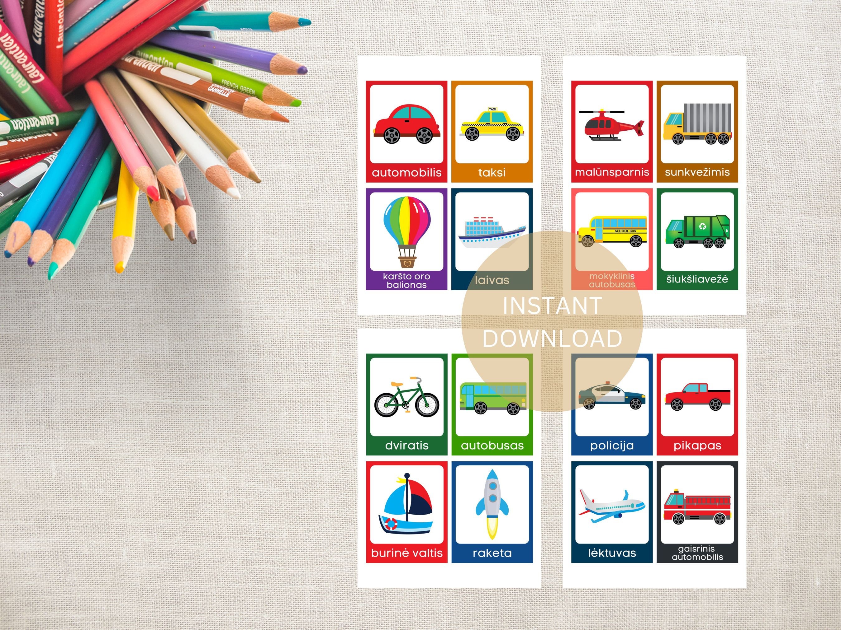 Lithuanian Language Preschool Vehicles Printable, Flashcards, Lietuviu ...