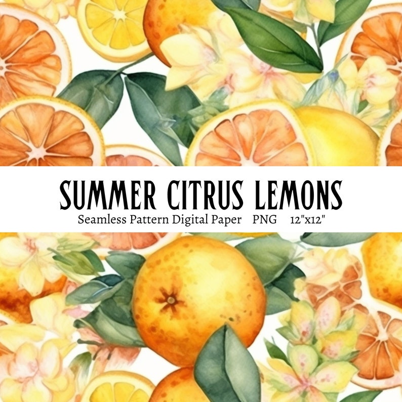 Watercolor Summer Lemon Digital Paper, Citrus Fruit Patterns Bundle ...