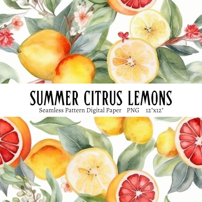 Watercolor Summer Lemon Digital Paper, Citrus Fruit Patterns Bundle ...