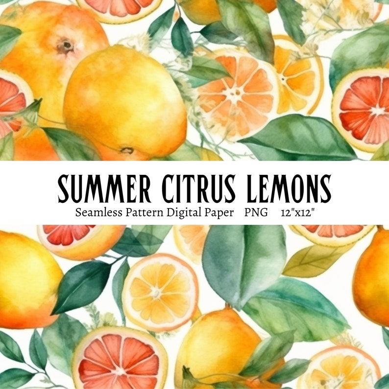 Watercolor Summer Lemon Digital Paper, Citrus Fruit Patterns Bundle ...