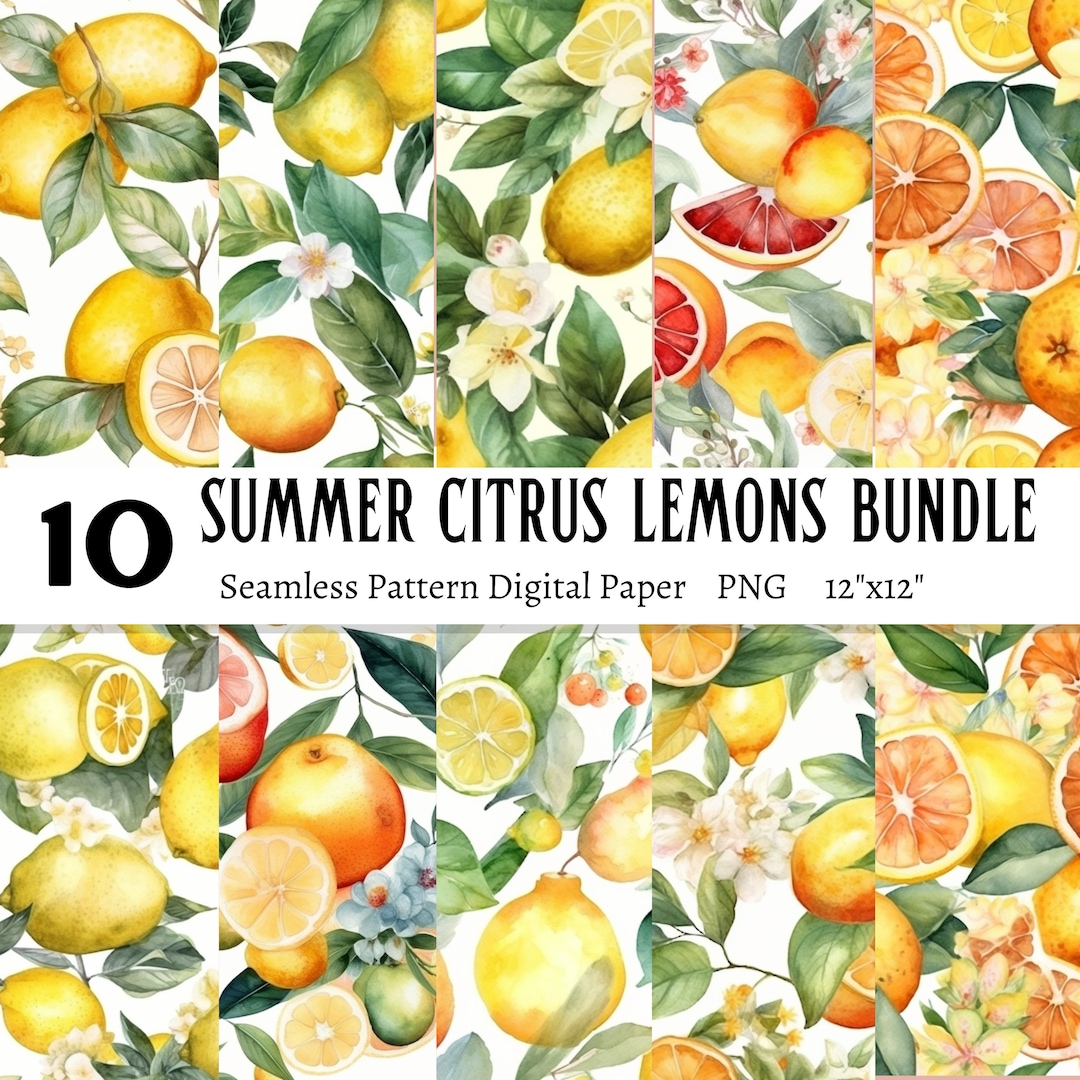 Watercolor Summer Lemon Digital Paper, Citrus Fruit Patterns Bundle ...