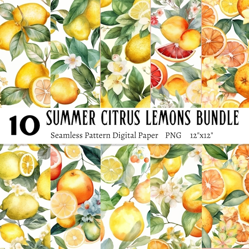 Watercolor Summer Lemon Digital Paper, Citrus Fruit Patterns Bundle ...